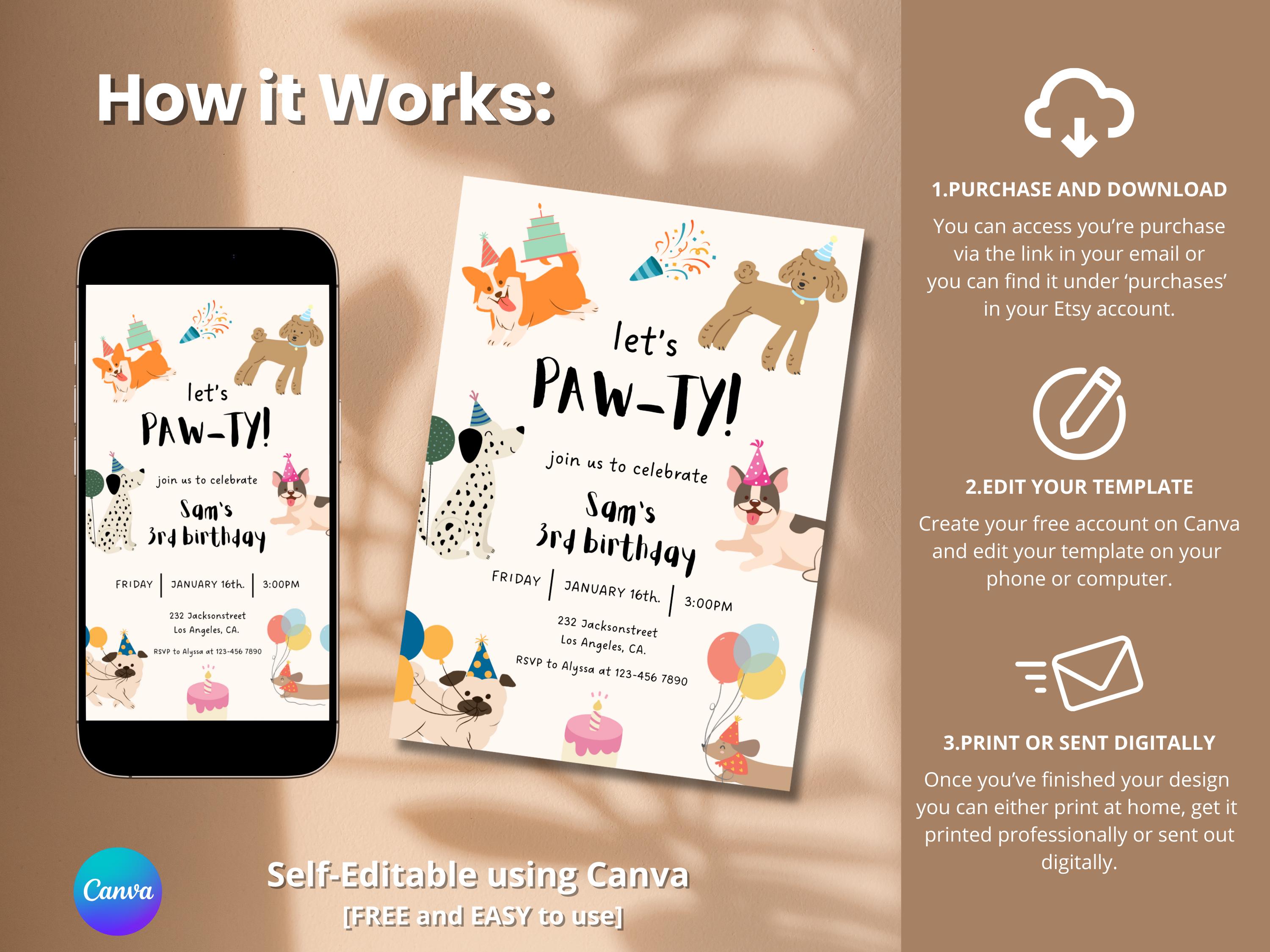 Let's Pawty Dog Birthday Invitation, Calling All Party Animals Kids ...