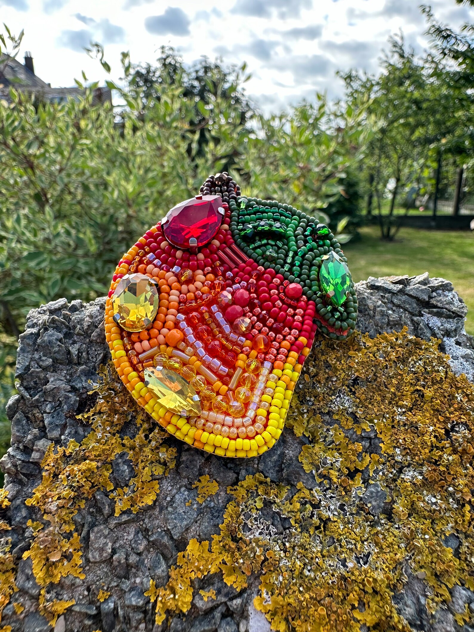 Beaded Mango Brooch, Bead Embroidered Mango Pin, Mango Pin for Kitchen ...