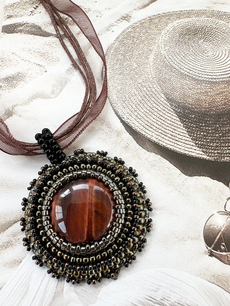 Bead Embroidery Pendant, Round Tiger Eye Pendant, Tigers Eye Necklace ...