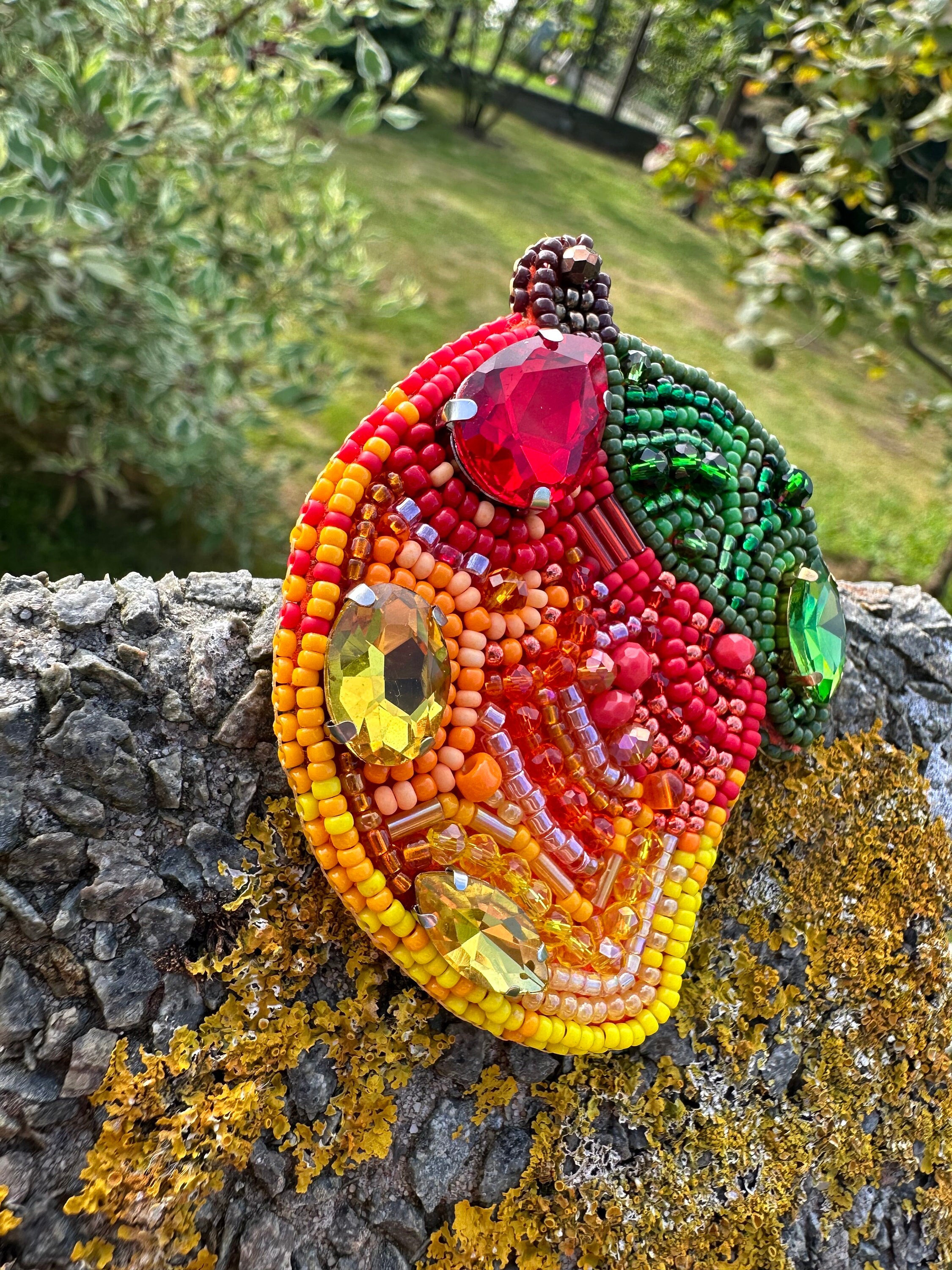 Beaded Mango Brooch, Bead Embroidered Mango Pin, Mango Pin for Kitchen ...