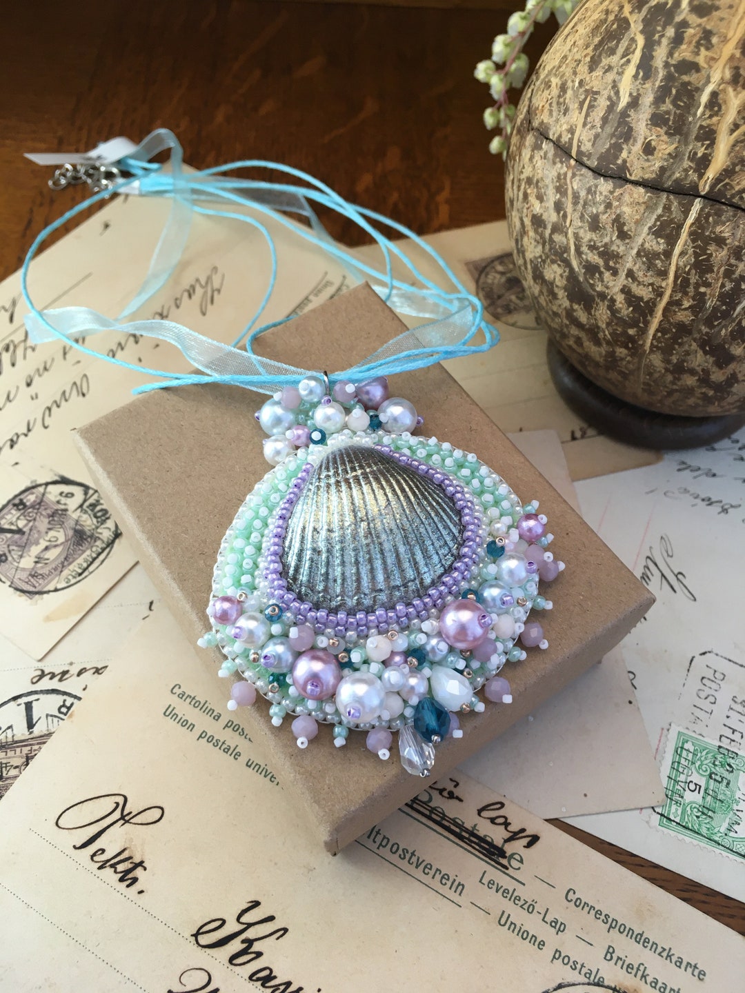 Bead Embroidered Large Shell Pendant, Handmade Seashell Pendant, Marine ...
