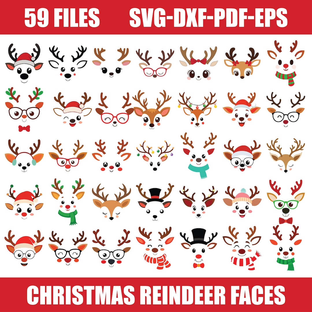 Christmas Reindeer Faces Svg Png Bundle, Girl Reindeer Svg, Boy ...