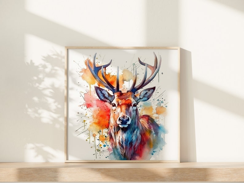 Watercolor Stag Digital Wall Art in Bright Colors Buck Artwork Unique ...
