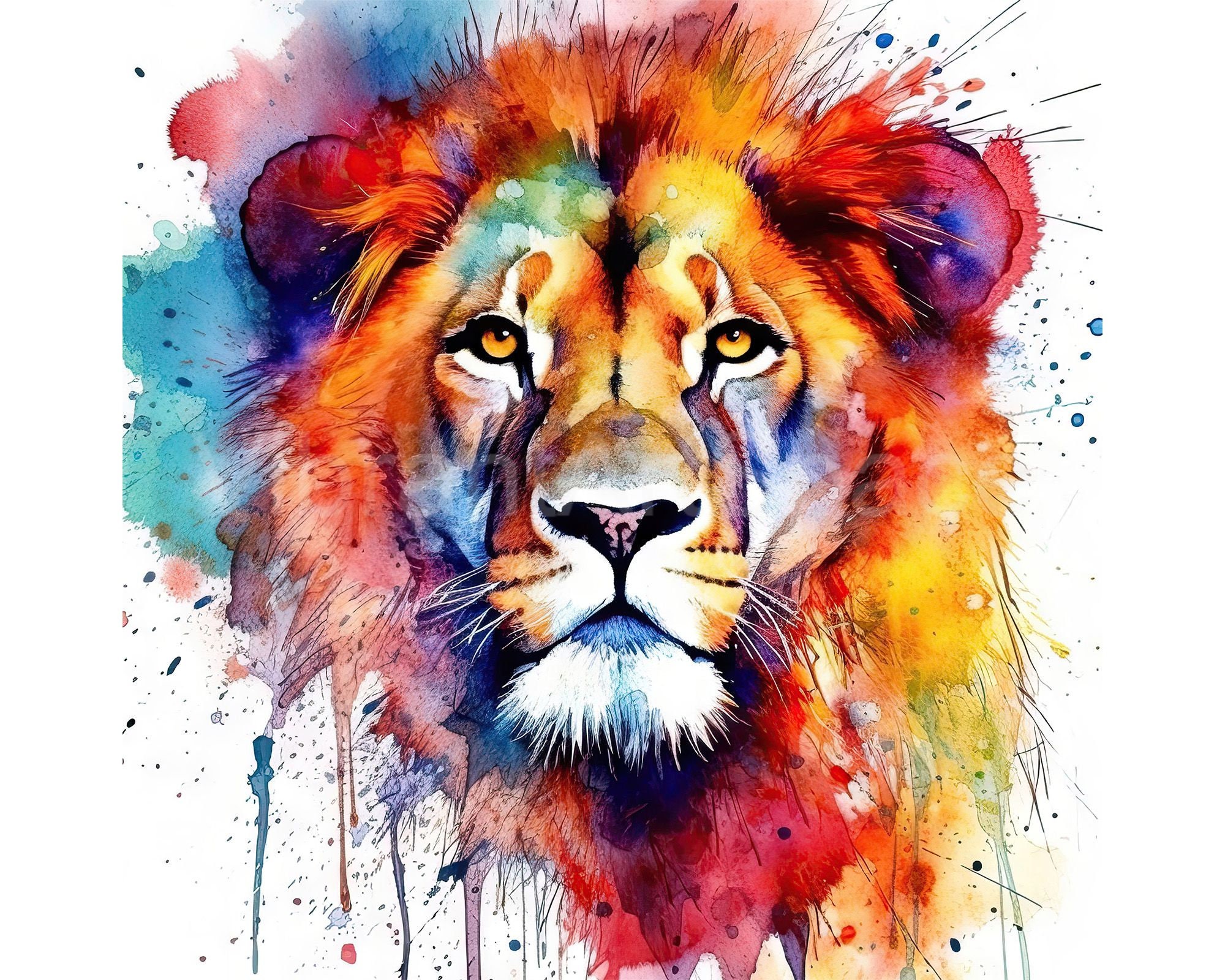 Watercolor Lion Digital Wall Art in Bright Colors Lion Artwork Unique ...