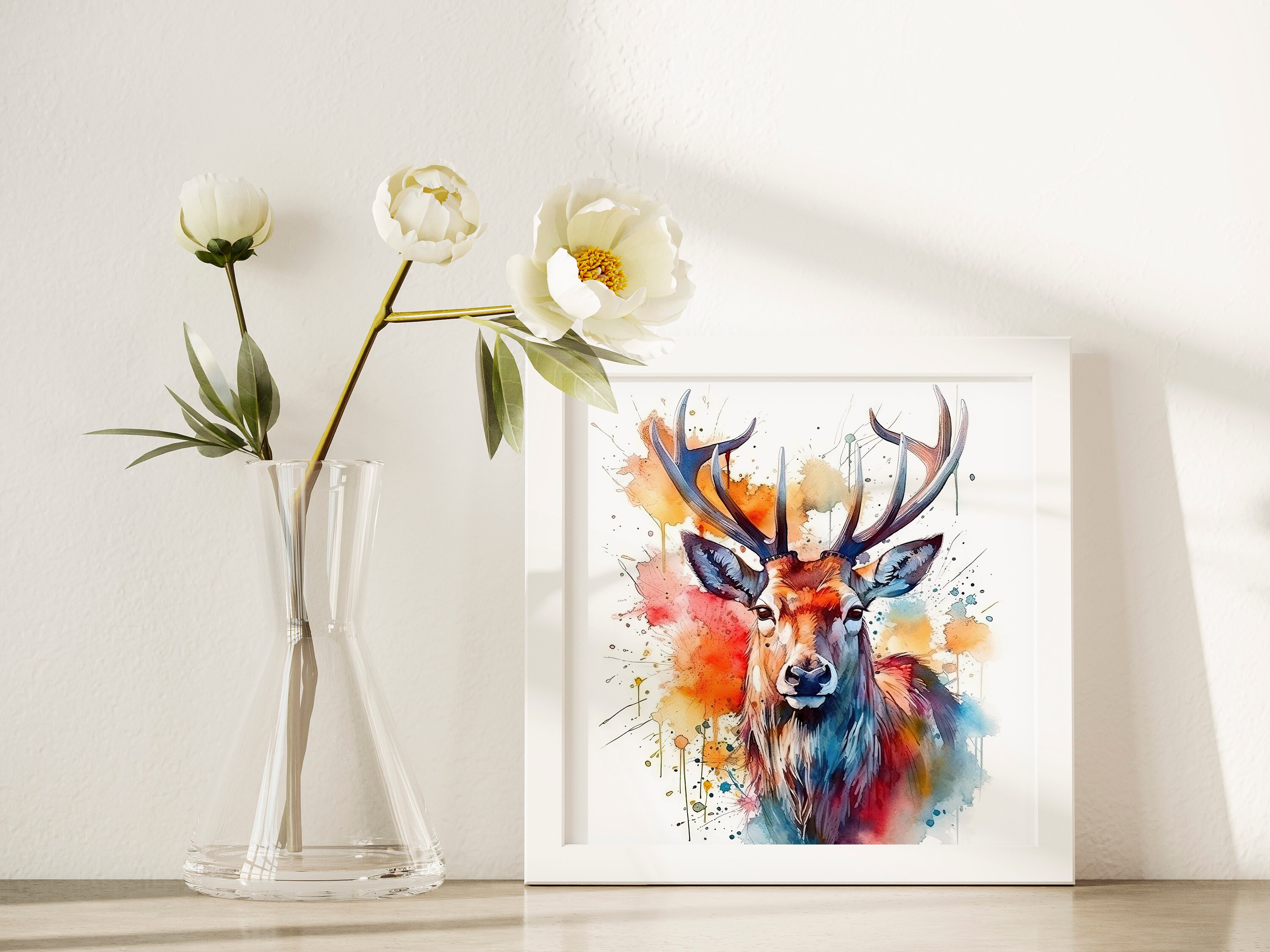 Watercolor Stag Digital Wall Art in Bright Colors Buck Artwork Unique ...