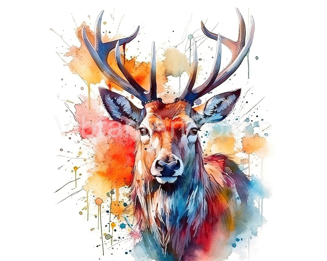 Watercolor Stag Digital Wall Art in Bright Colors Buck Artwork Unique ...