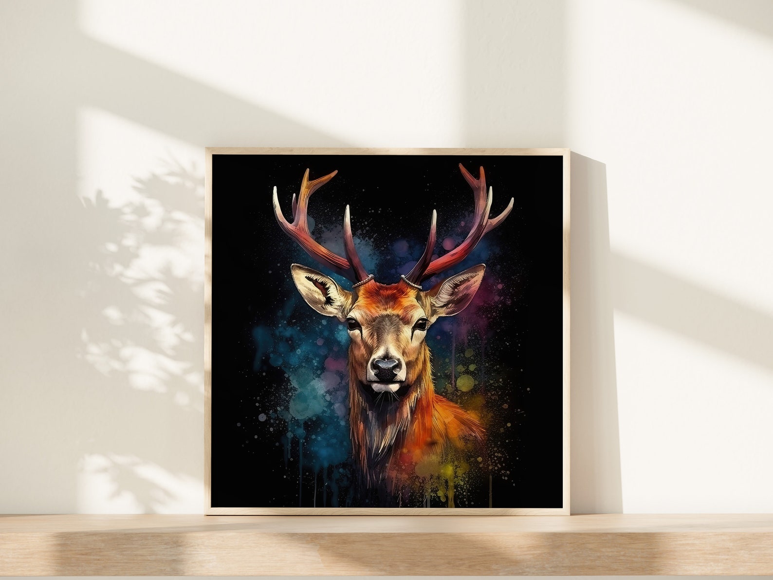 Watercolor Stag Digital Wall Art in Bright Colors Buck Artwork Unique ...