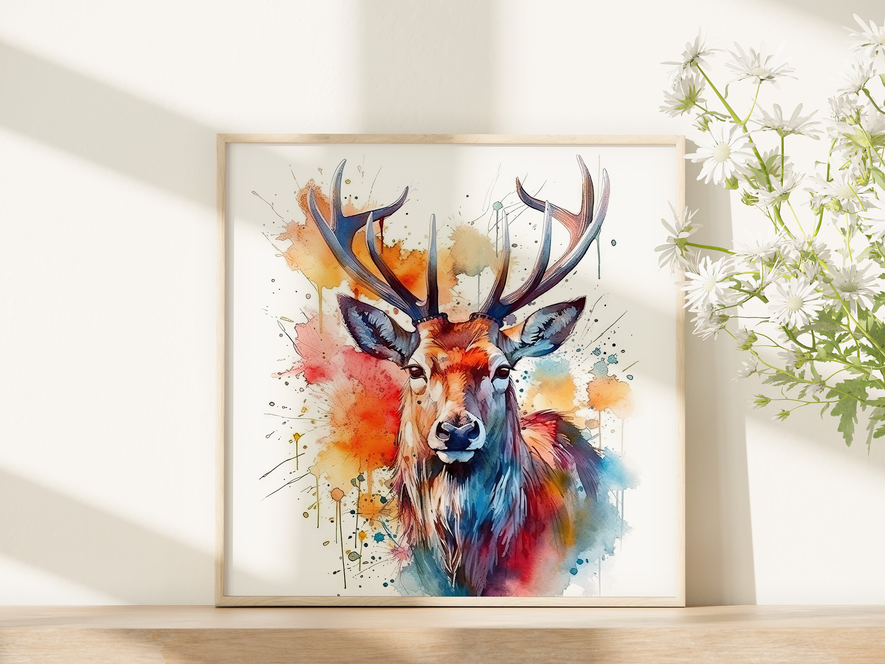 Watercolor Stag Digital Wall Art in Bright Colors Buck Artwork Unique ...