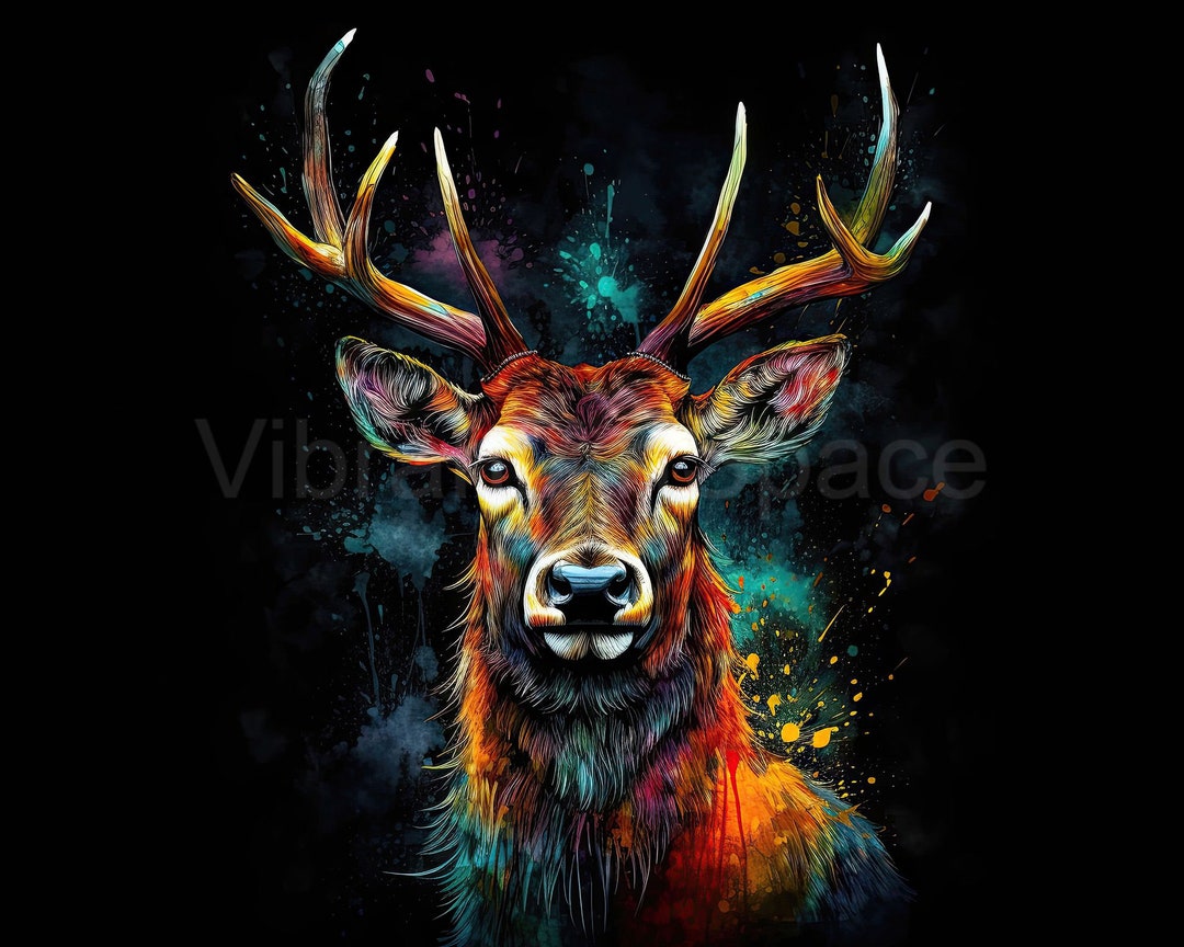 Watercolor Stag Digital Wall Art in Bright Colors Buck Artwork Unique ...