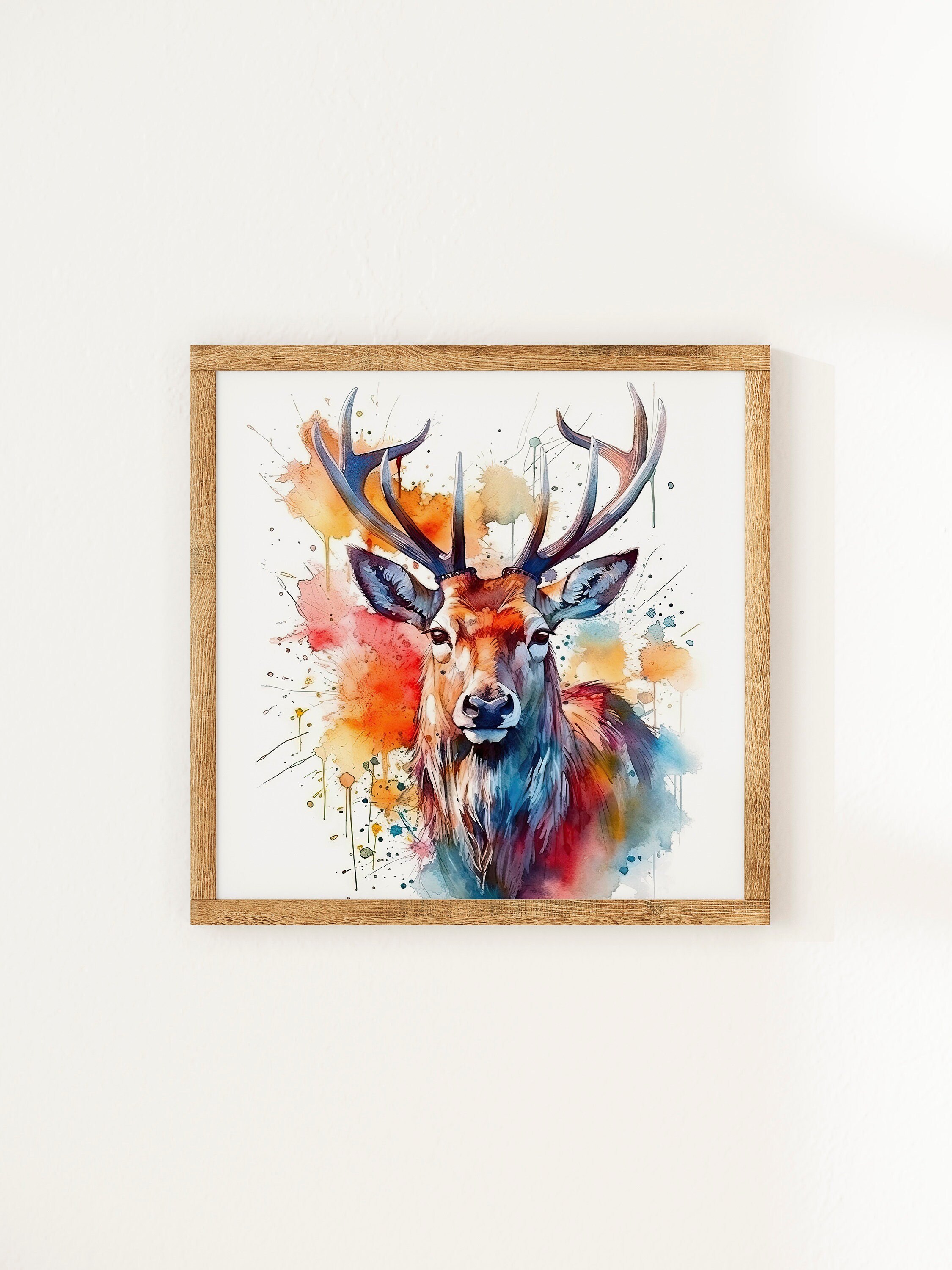 Watercolor Stag Digital Wall Art in Bright Colors Buck Artwork Unique ...
