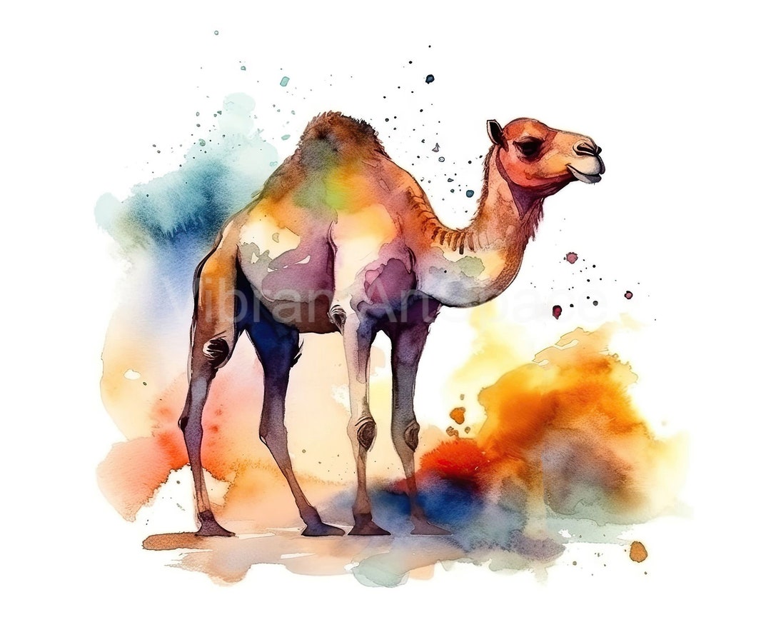 Watercolor Desert Camel Digital Wall Art in Bright Colors Camel Artwork ...