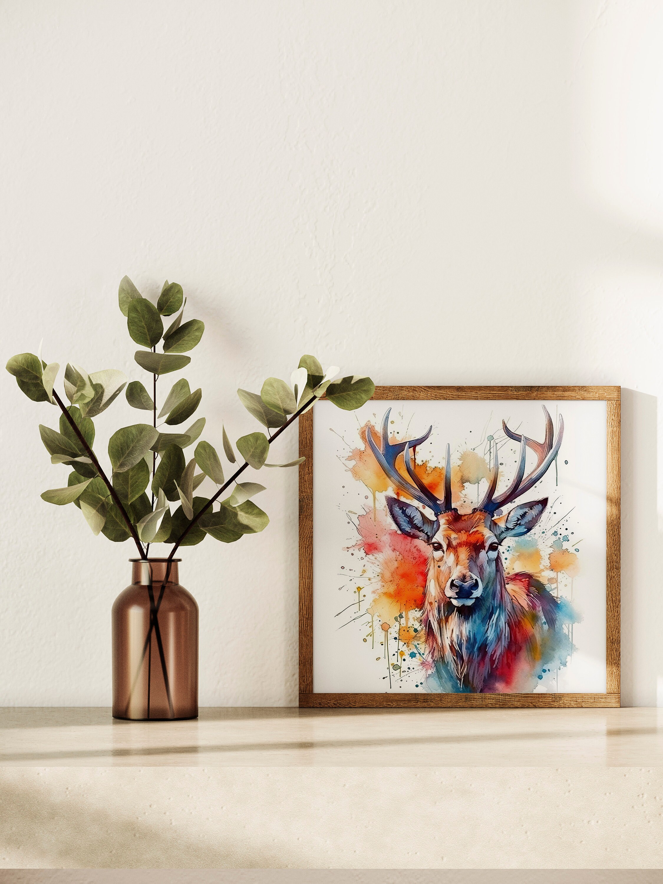 Watercolor Stag Digital Wall Art in Bright Colors Buck Artwork Unique ...