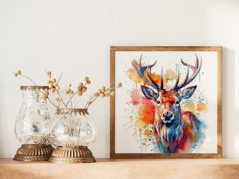 Watercolor Stag Digital Wall Art in Bright Colors Buck Artwork Unique ...