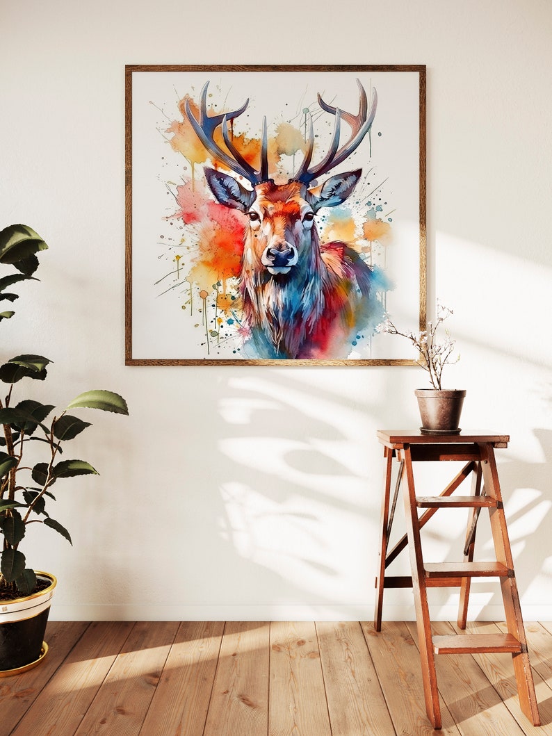 Watercolor Stag Digital Wall Art in Bright Colors Buck Artwork Unique ...