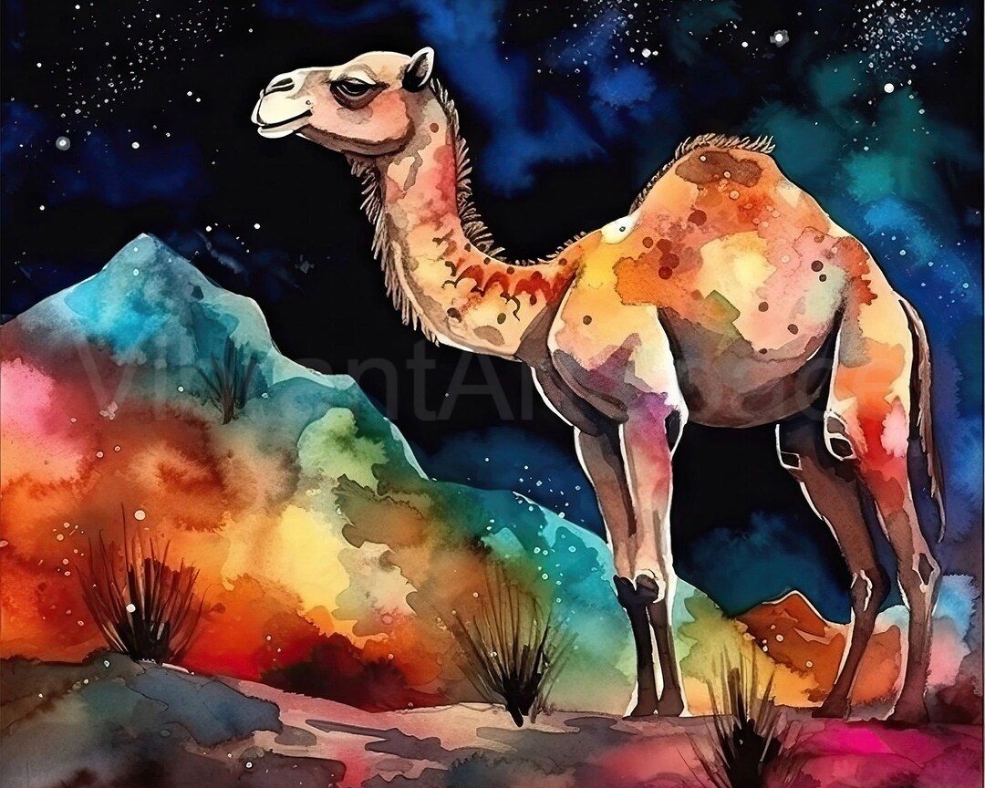 Watercolor Desert Camel Digital Wall Art in Bright Colors Camel Artwork ...