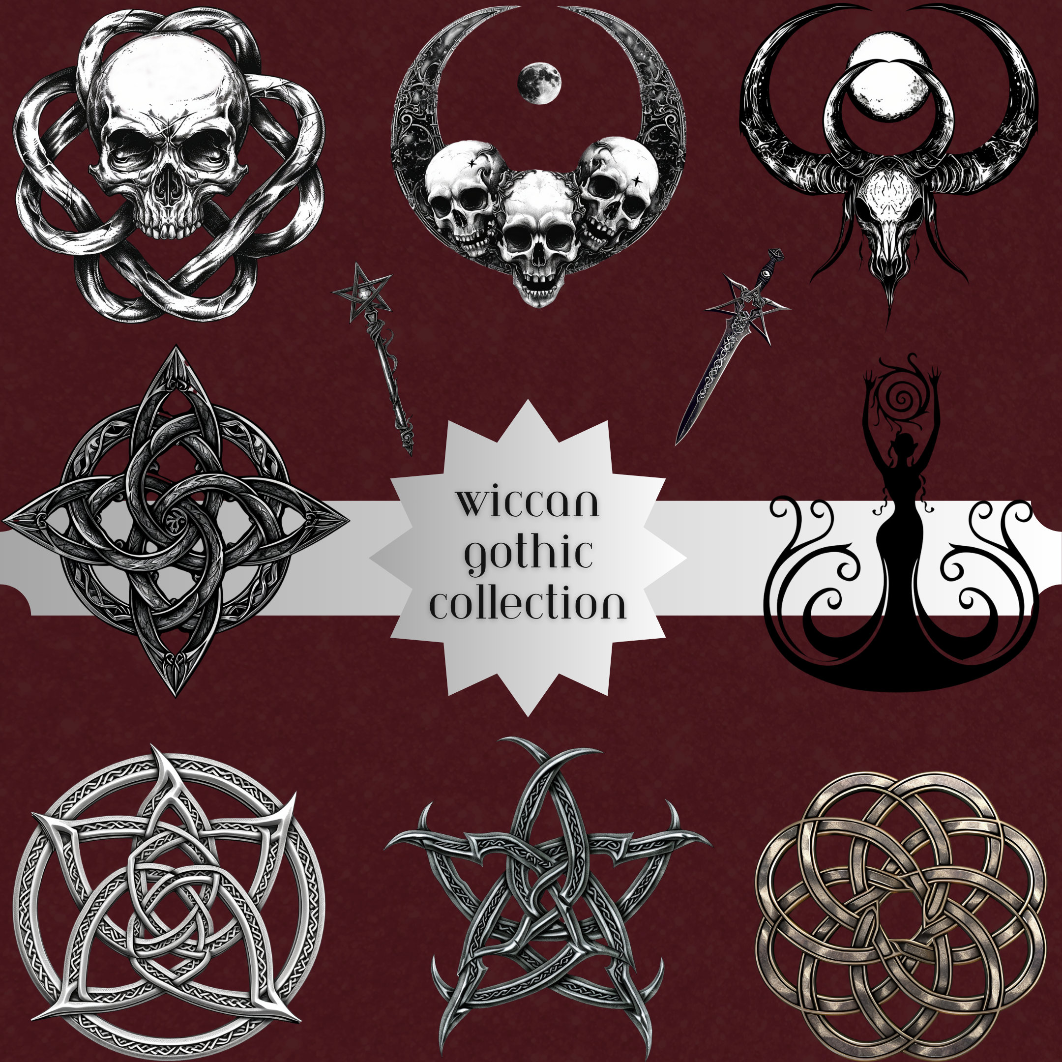 Wiccan & Gothic Symbols Clipart Collection - Intricate Pentacles, Moons ...