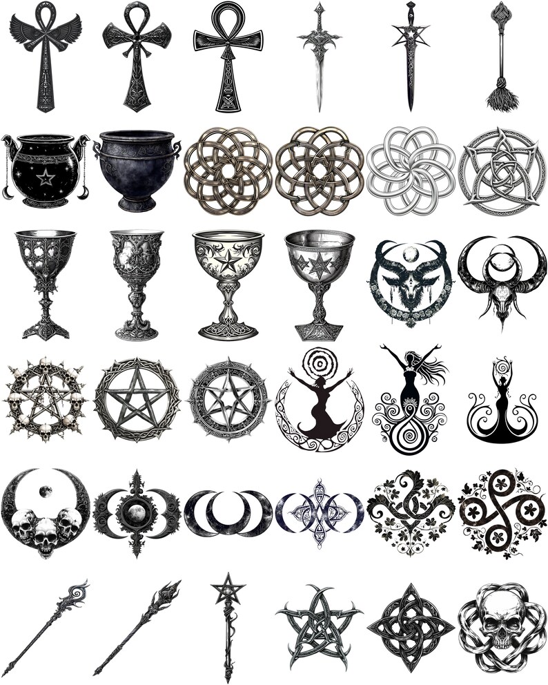 Wiccan & Gothic Symbols Clipart Collection - Intricate Pentacles, Moons ...