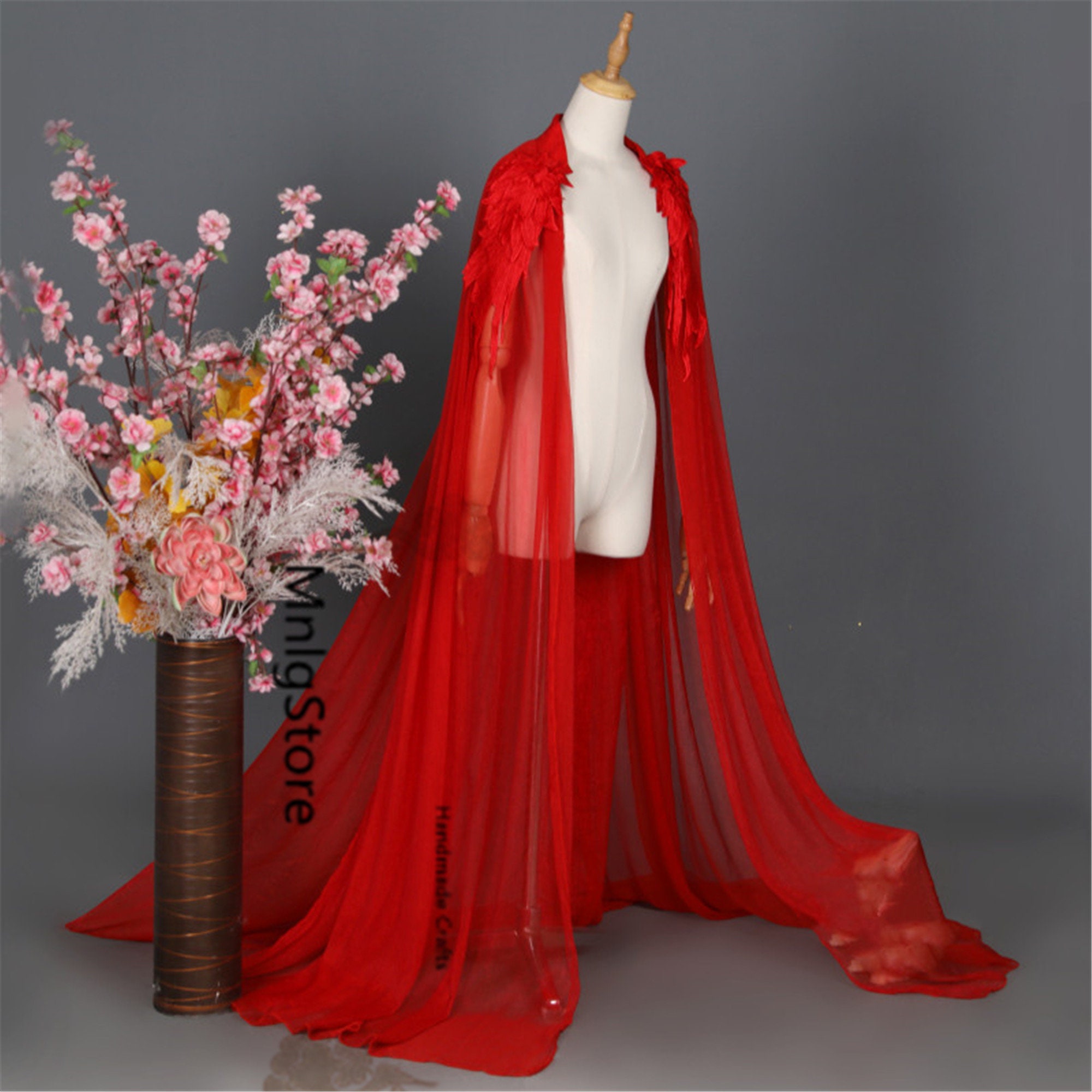 Red Chiffon Cape, Red Appliques Cloak, Women Cosplay Cape, Dress ...