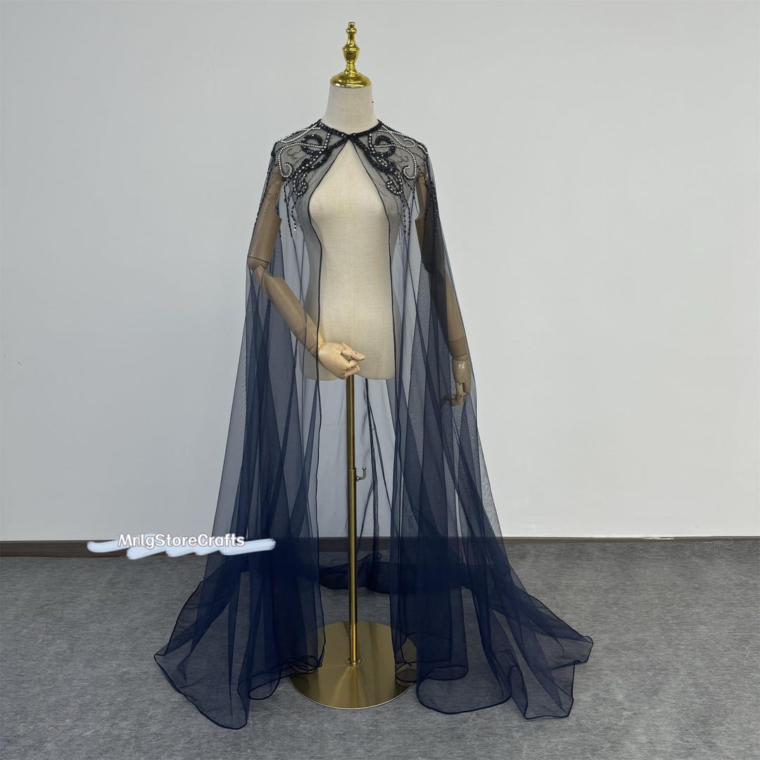 Navy Blue Cape, Beaded Cape, Wedding Dress Cape, Flowy Cape Veil, Sheer ...