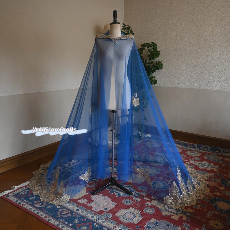Dark Blue Hooded Cape Veil: Gold Appliqued Floor Length - Etsy