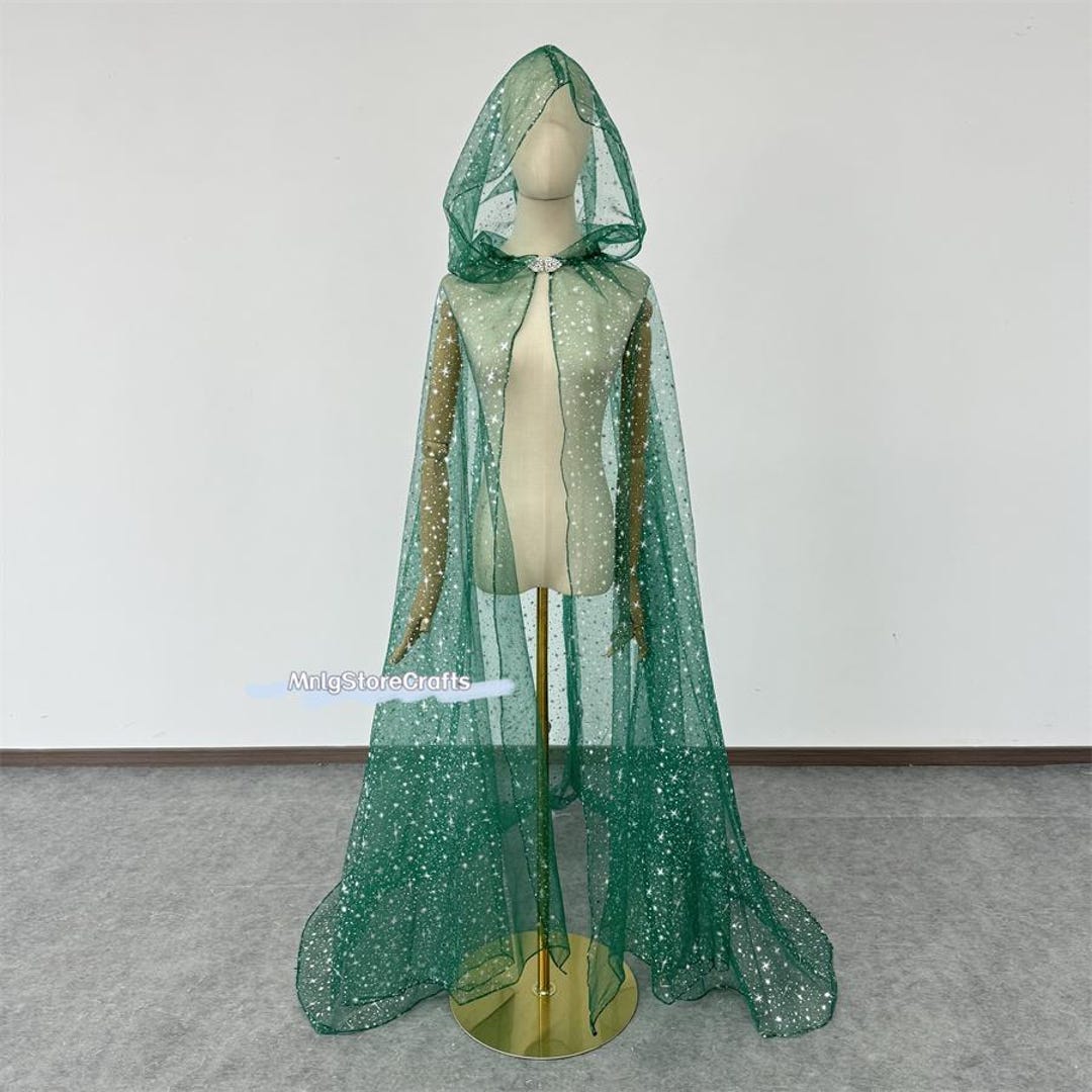 Green Hooded Cape, Star Tulle Cape, Wedding Dress Cape, Fairy Cape for ...