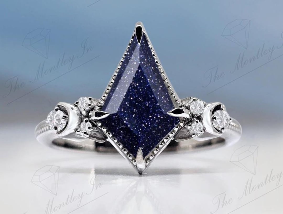 Galaxy Star Blue Sandstone Engagement Ring for Women Art Deco Kite Cut ...