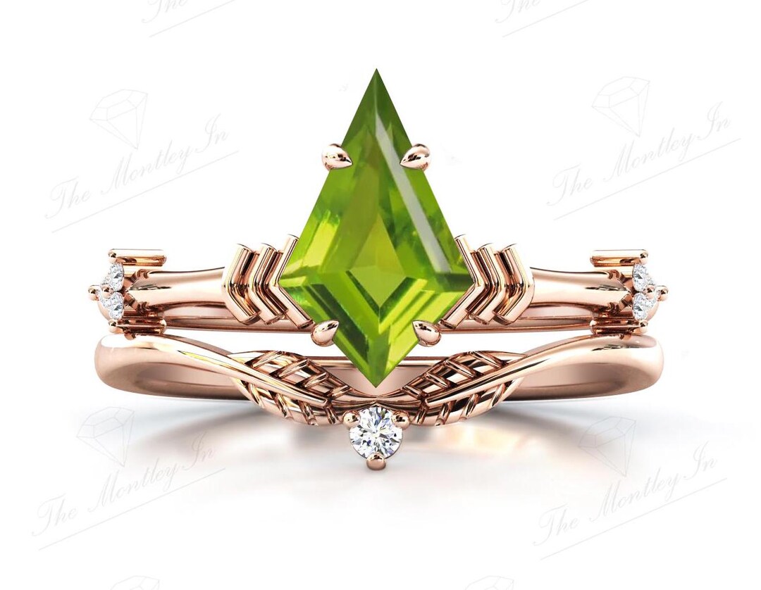 Leaf Style Peridot Wedding Ring Set for Women 14K Gold Peridot 2 Piece ...
