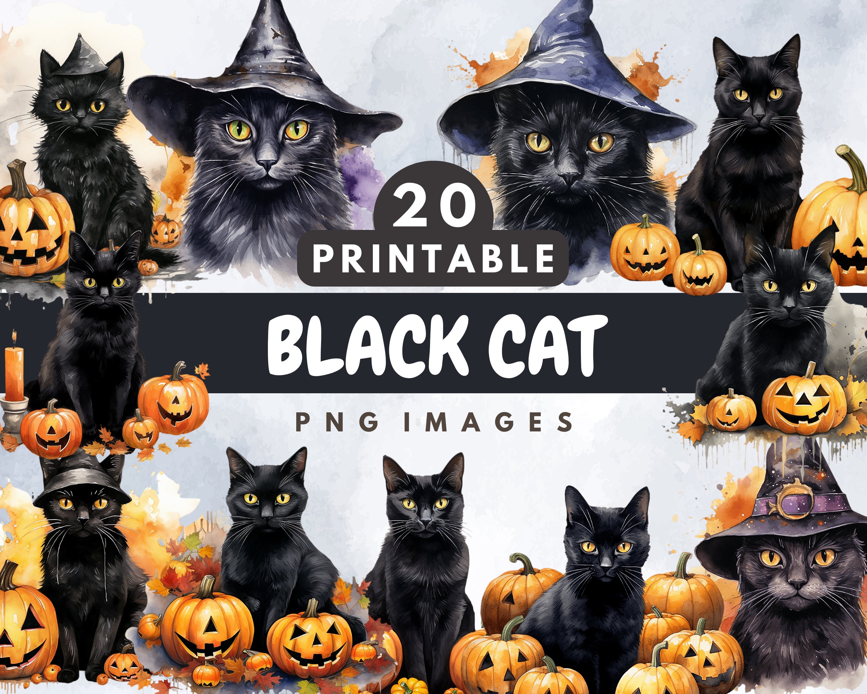 Watercolor Black Cat Clipart Cute Halloween Printable PNG - Etsy