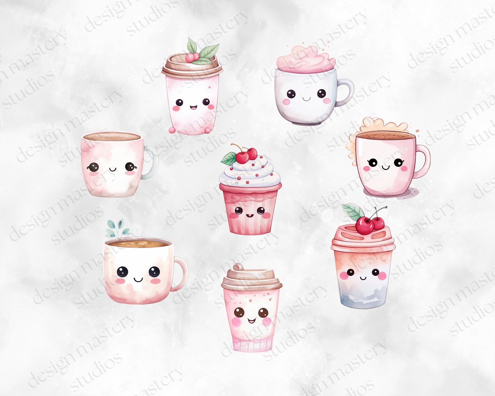 Watercolor Cute Coffee Cup Clipart, Coffee Love, Kawaii Coffee Cups ...