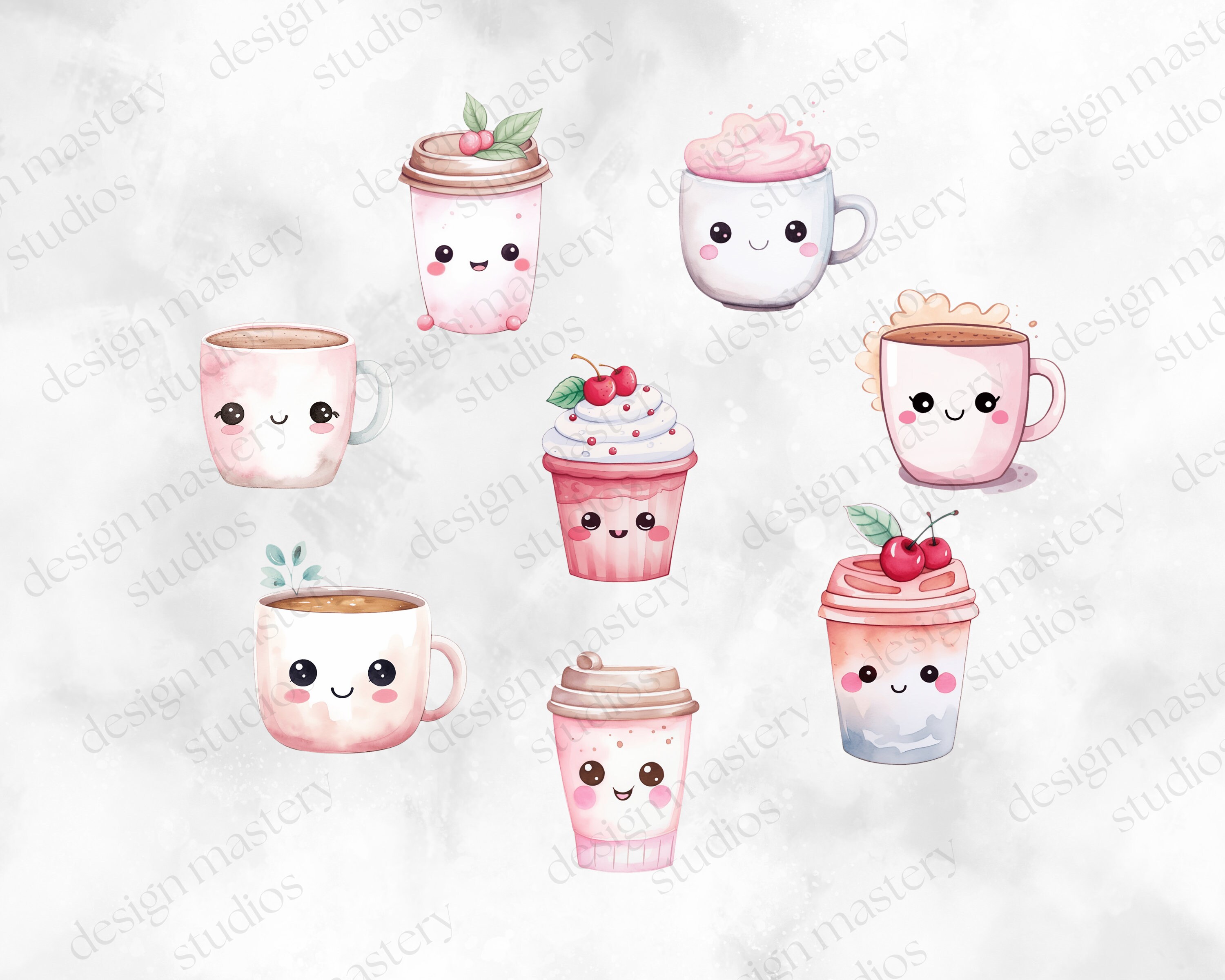 Watercolor Cute Coffee Cup Clipart, Coffee Love, Kawaii Coffee Cups ...