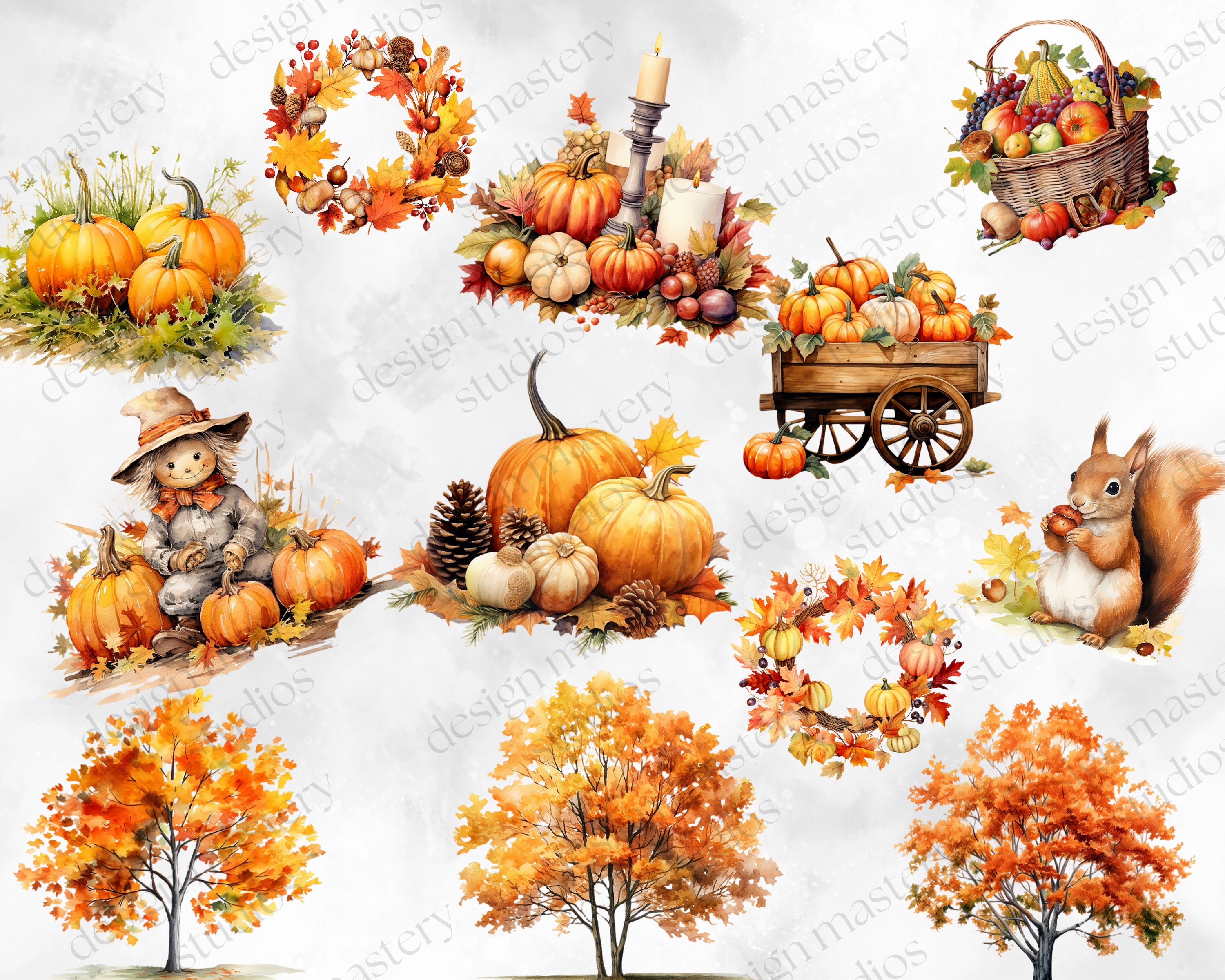 Watercolor Fall Clipart Bundle Printable Transparent Fall Digital Pngs ...