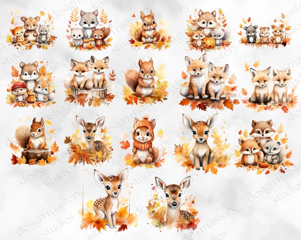 Watercolor Fall Animal Clipart Bundle Cute Digital Baby Animal ...