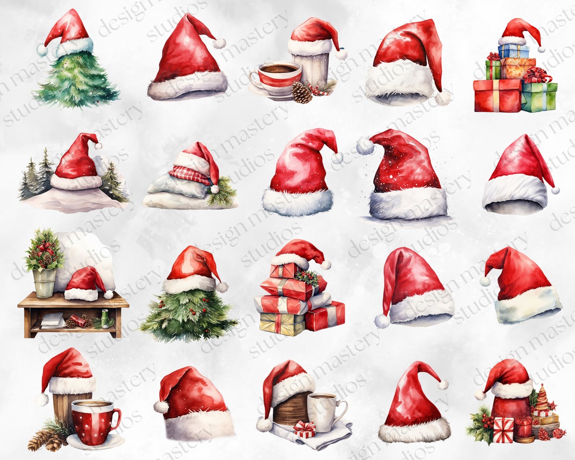 Watercolor Santa Hat Clipart Bundle Santa Clause Hat Printable PNG ...