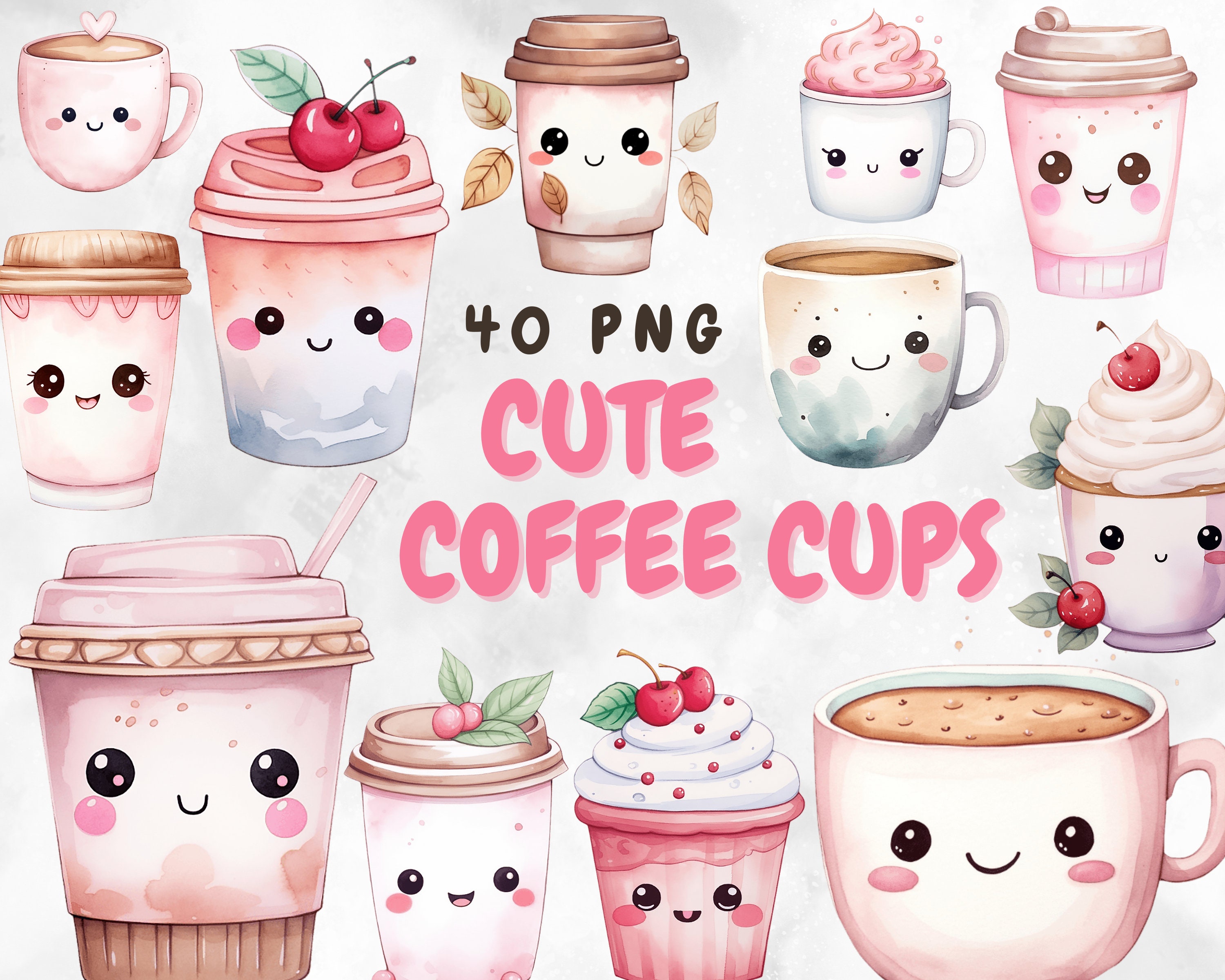 Watercolor Cute Coffee Cup Clipart Coffee Love Kawaii Coffee Cups Kawaii Illustration Instant Download for Commercial Use Etsy