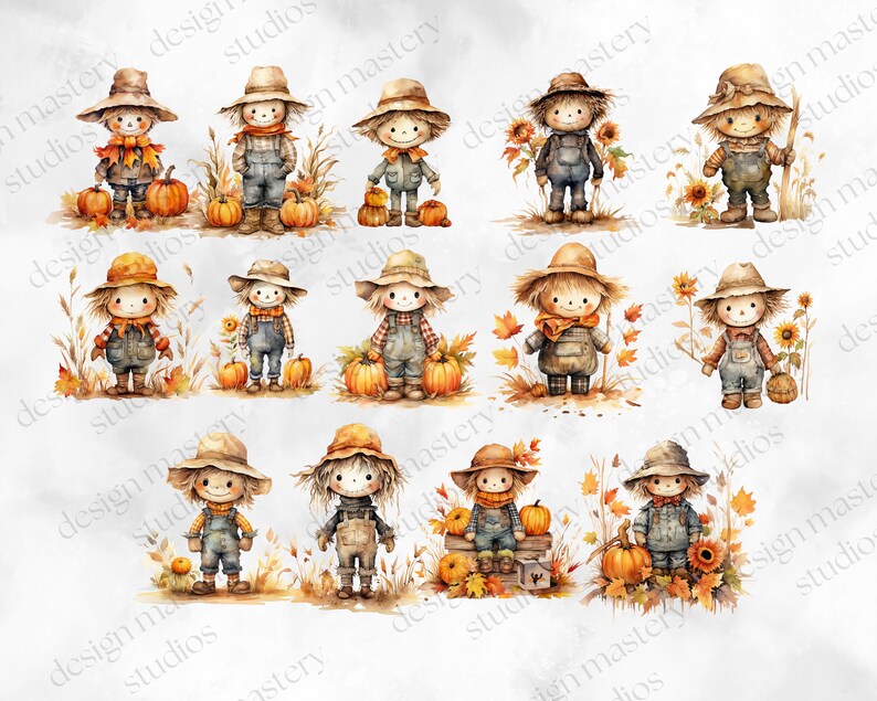 Watercolor Fall Scarecrow Clipart Bundle Cute Digital Halloween ...