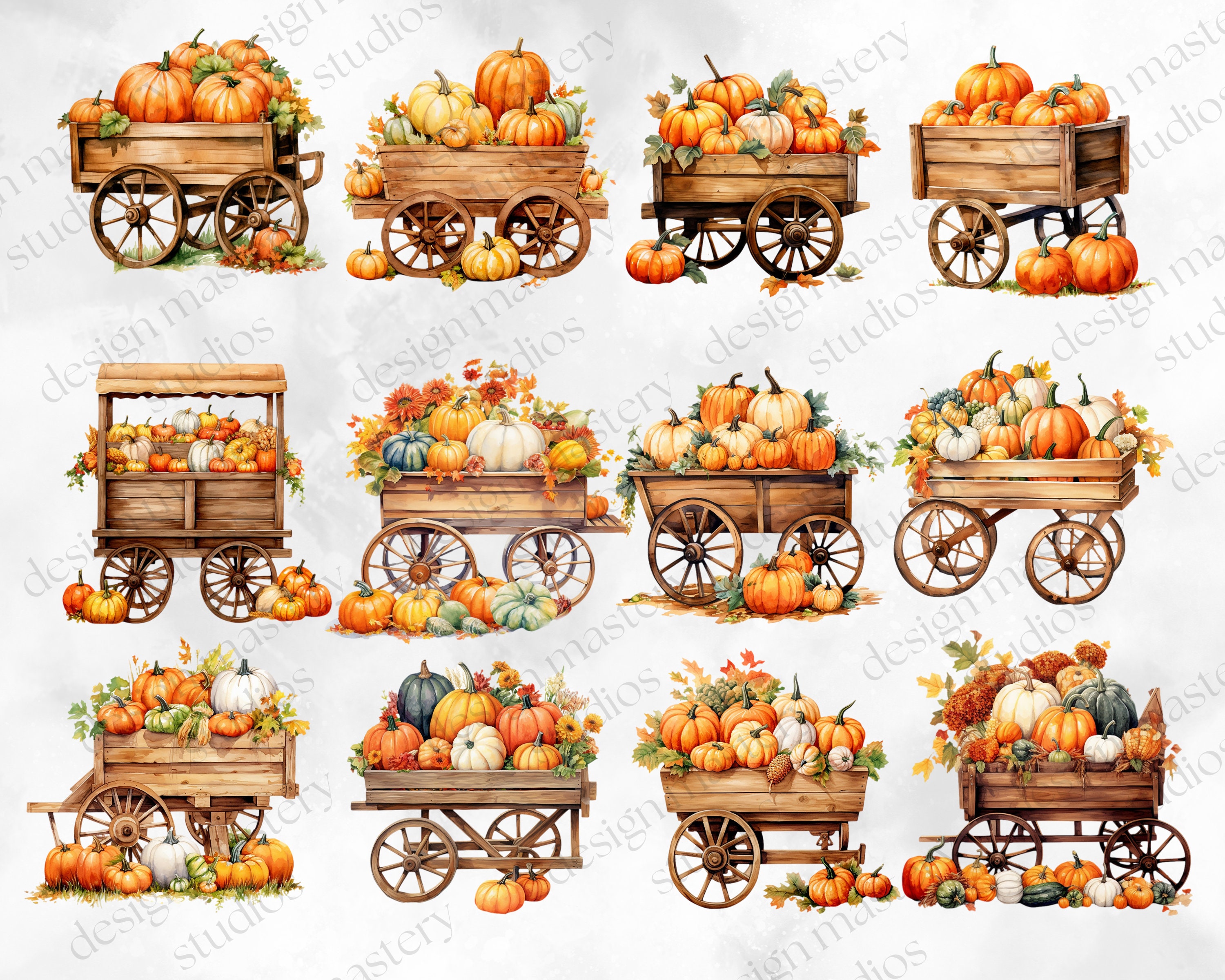 Watercolor Fall Pumpkin Cart Clipart Bundle Cute Digital Pumpkin ...