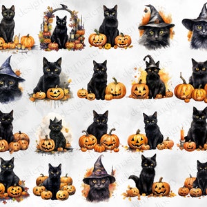 Watercolor Black Cat Clipart, Cute Halloween Printable PNG Images for ...