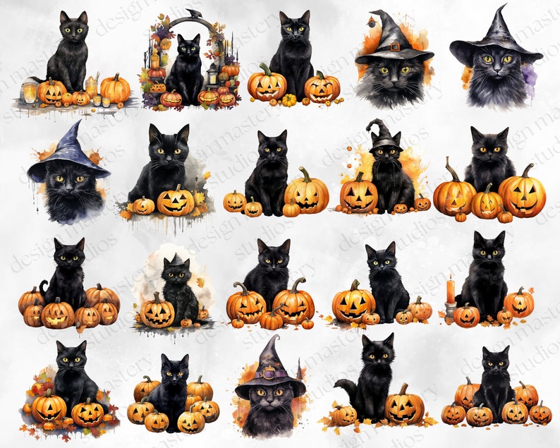 Watercolor Black Cat Clipart, Cute Halloween Printable PNG Images for ...
