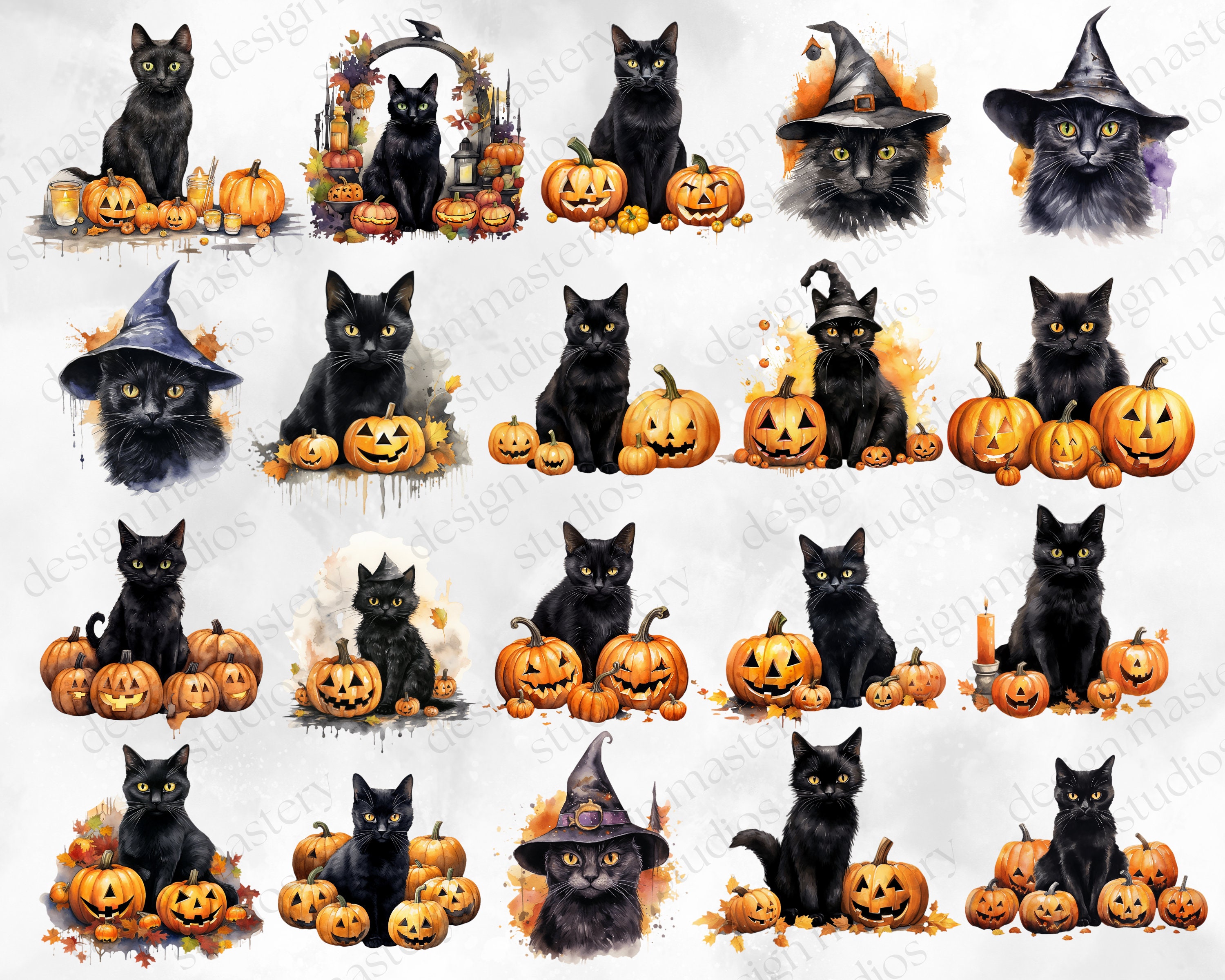 Watercolor Black Cat Clipart, Cute Halloween Printable PNG Images for ...