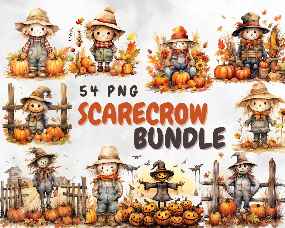 Fall Scarecrow Clipart Bundle, Cute Scarecrow Printable, Watercolor PNG ...