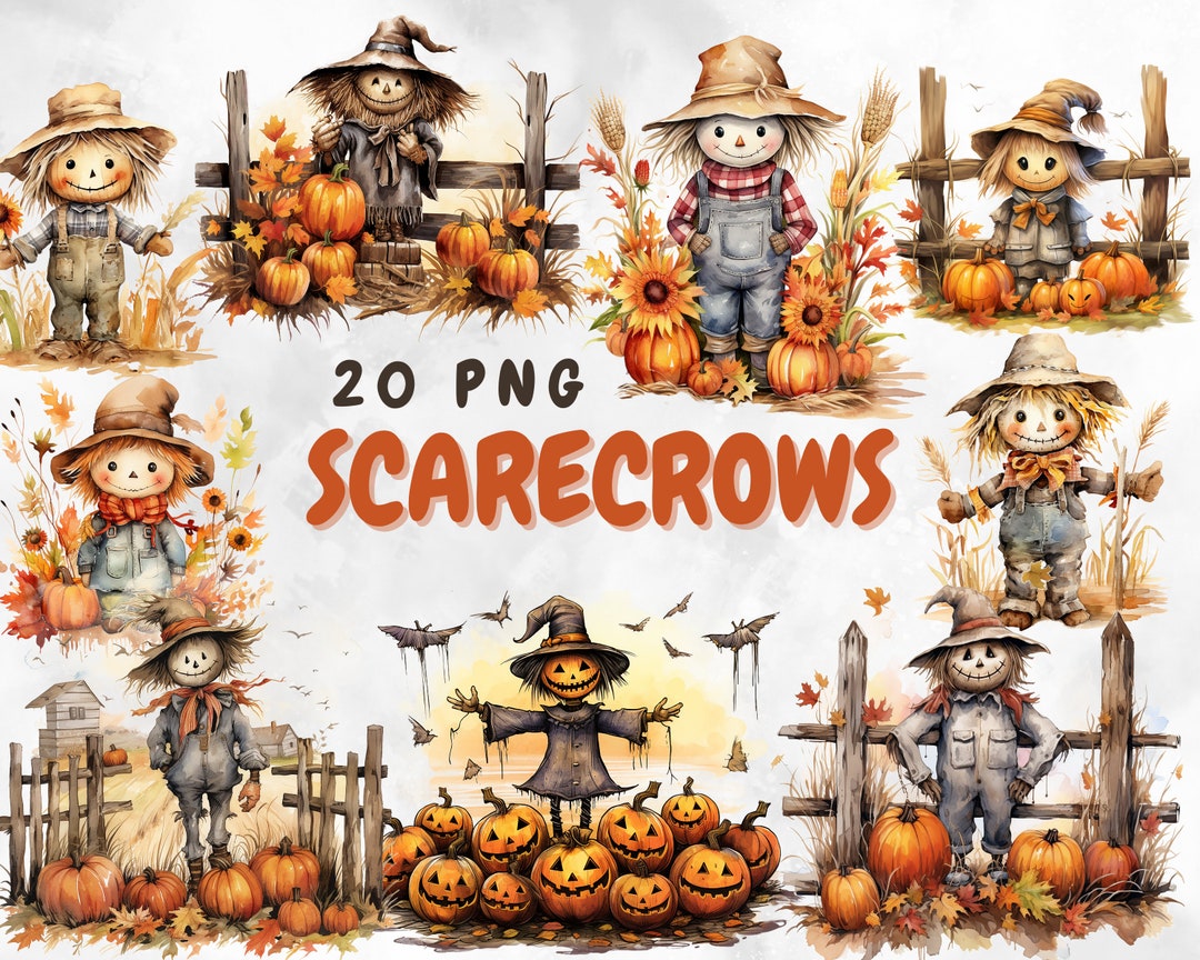 Watercolor Fall Scarecrow Clipart Bundle Cute Digital Halloween ...