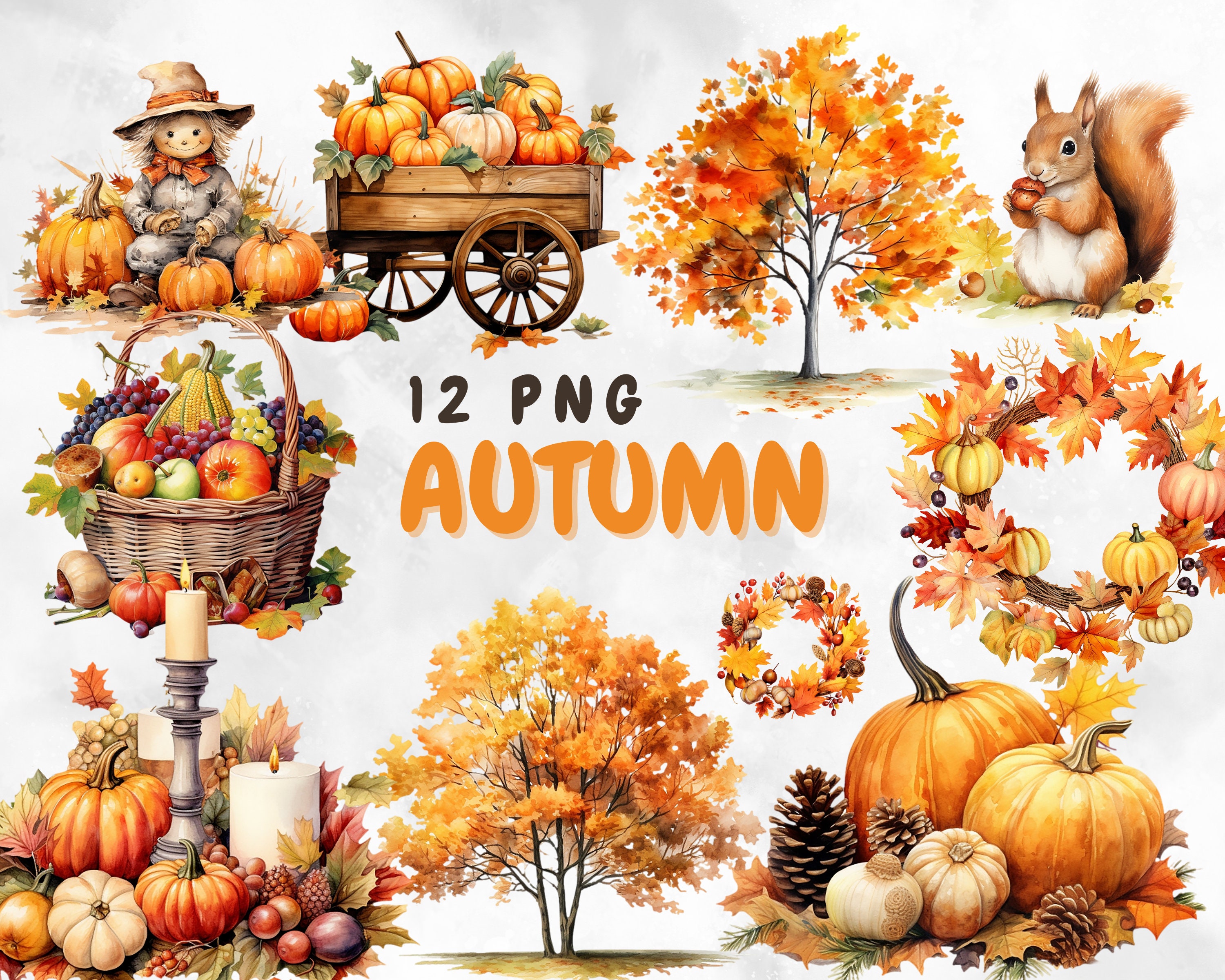 Watercolor Fall Clipart Bundle Printable Transparent Fall Digital Pngs ...