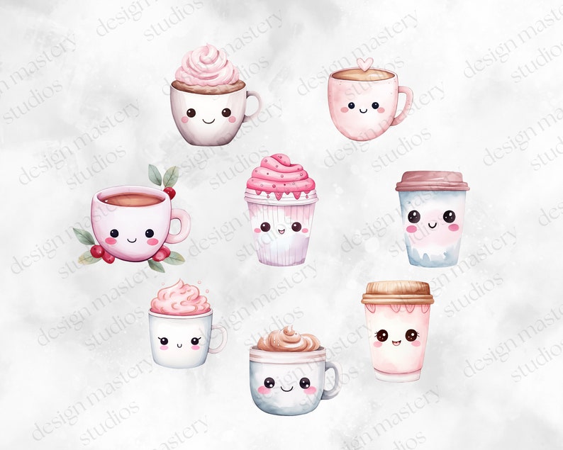 Watercolor Cute Coffee Cup Clipart, Coffee Love, Kawaii Coffee Cups ...