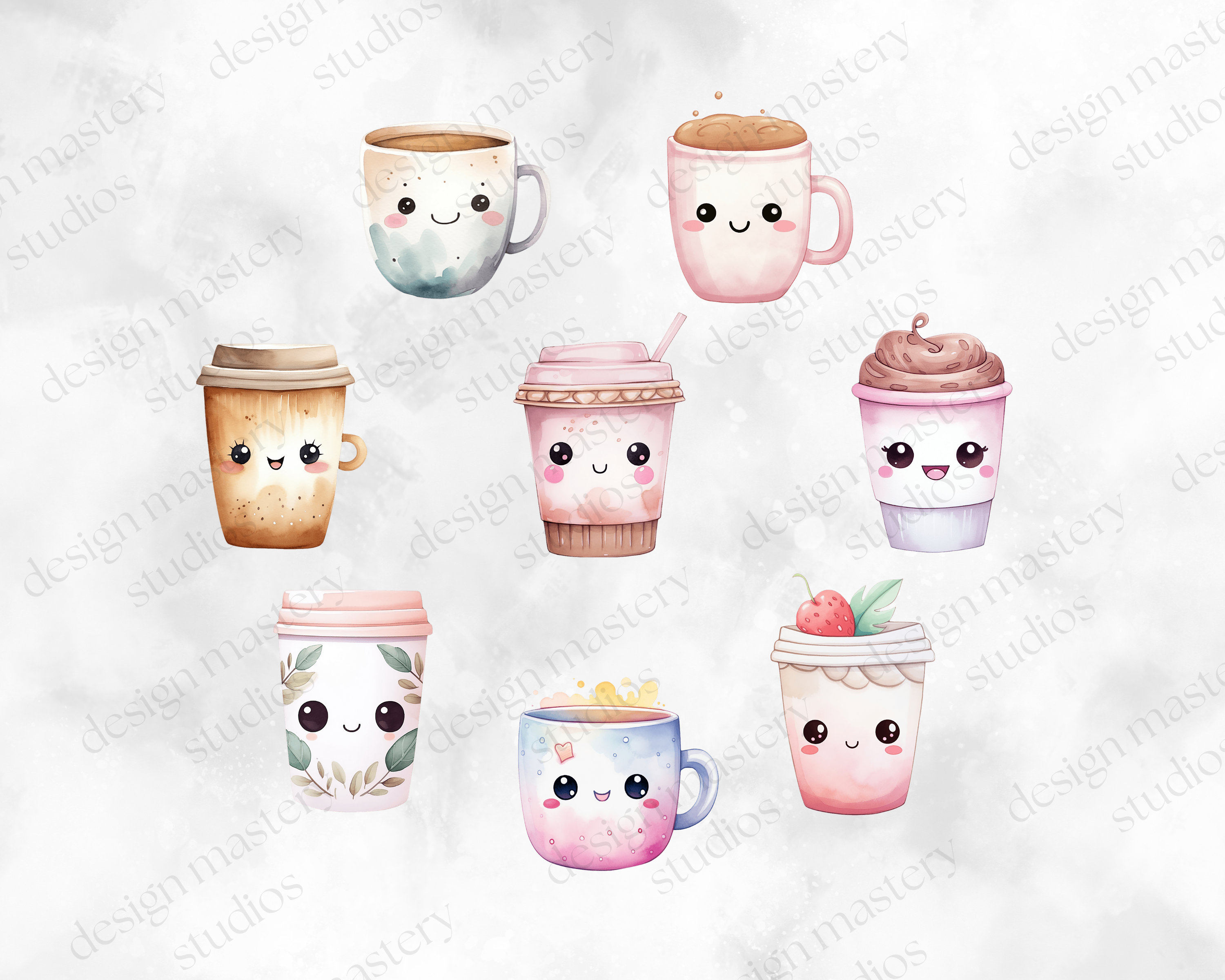Watercolor Cute Coffee Cup Clipart, Coffee Love, Kawaii Coffee Cups ...