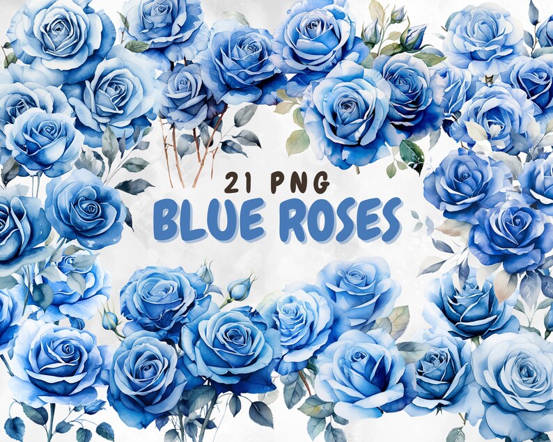 Blue Watercolor Rose Clipart, Printable Transparent Digital Pngs for ...