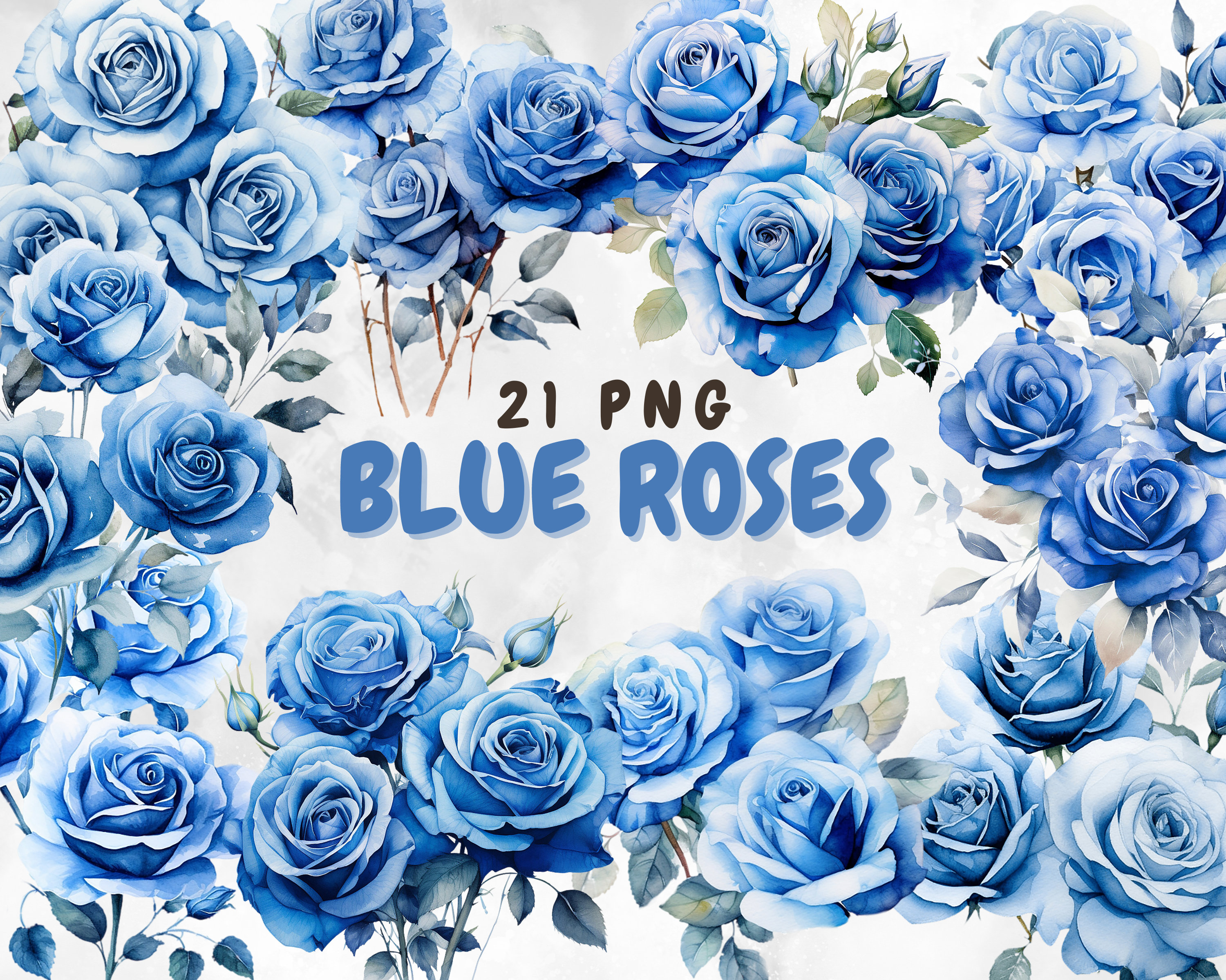 Blue Watercolor Rose Clipart, Printable Transparent Digital Pngs for ...