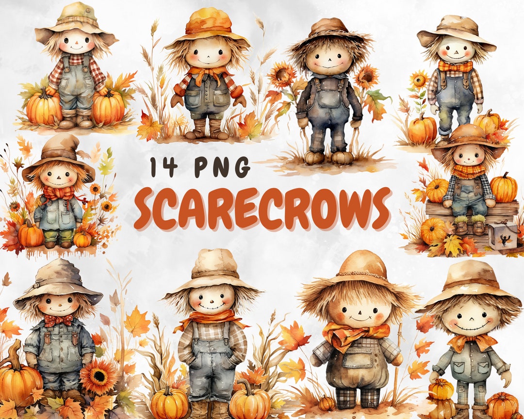Watercolor Fall Scarecrow Clipart Bundle Cute Digital Halloween ...