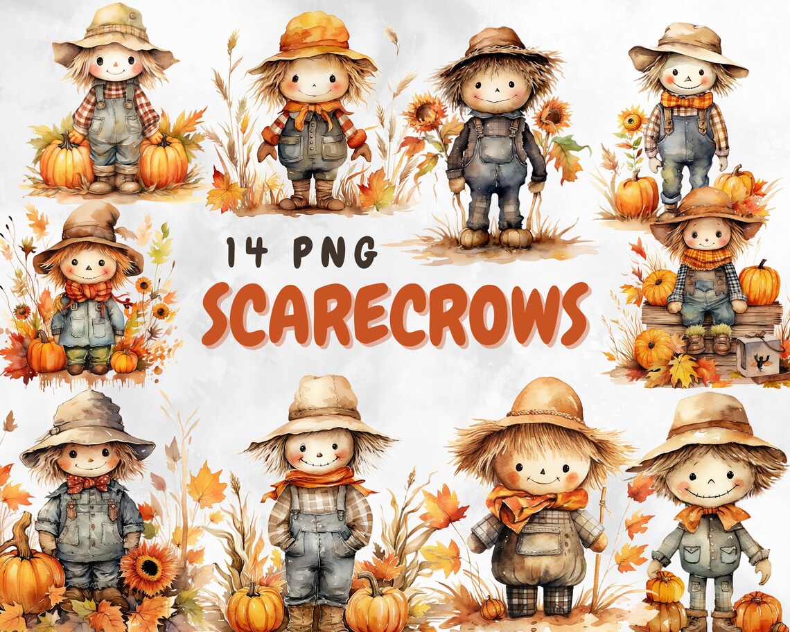 Watercolor Fall Scarecrow Clipart Bundle Cute Digital Halloween ...
