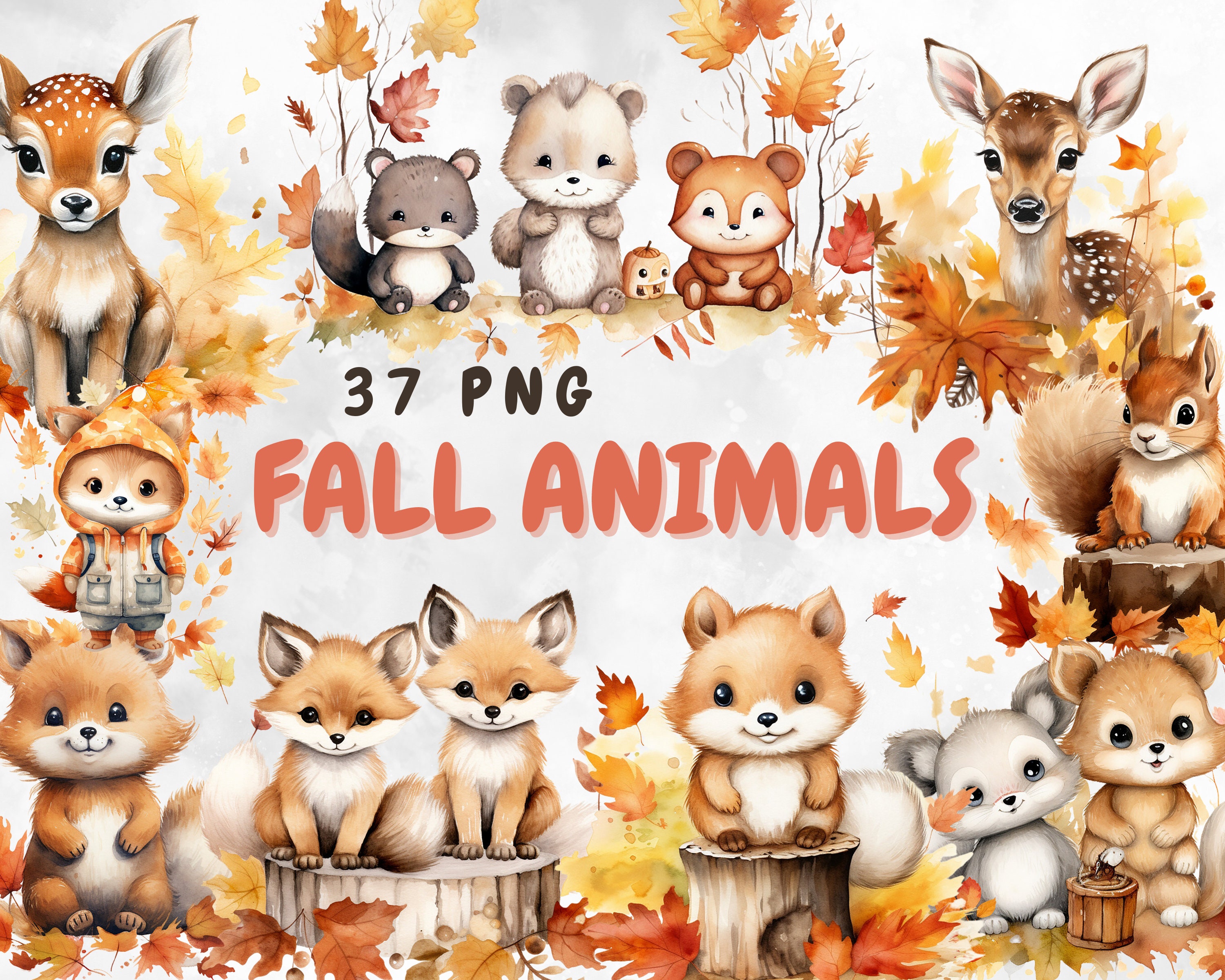 Watercolor Fall Animal Clipart Bundle Cute Digital Baby Animal ...