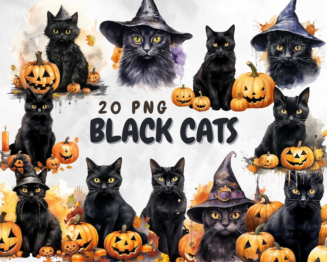 Watercolor Black Cat Clipart, Cute Halloween Printable PNG Images for ...